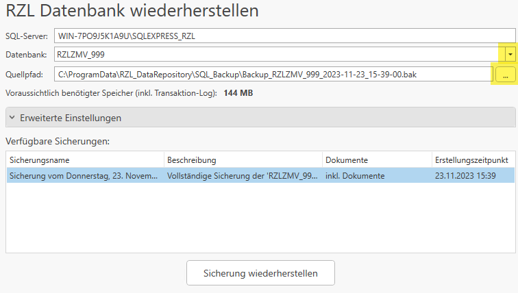 Wiederherstellen - RZL Online Hilfe